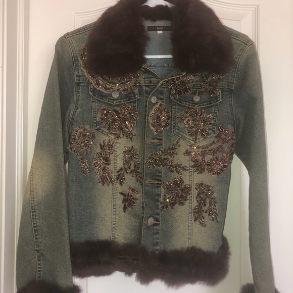hazel | Jackets & Coats | Denim Jacket With Appliqus And Fur Accents ...